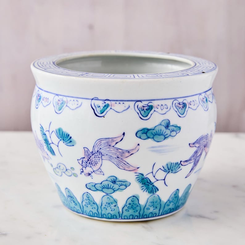 Vintage Chinese Fish Bowl Planter, Porcelain Flower Pot, Pink Goldfish ...