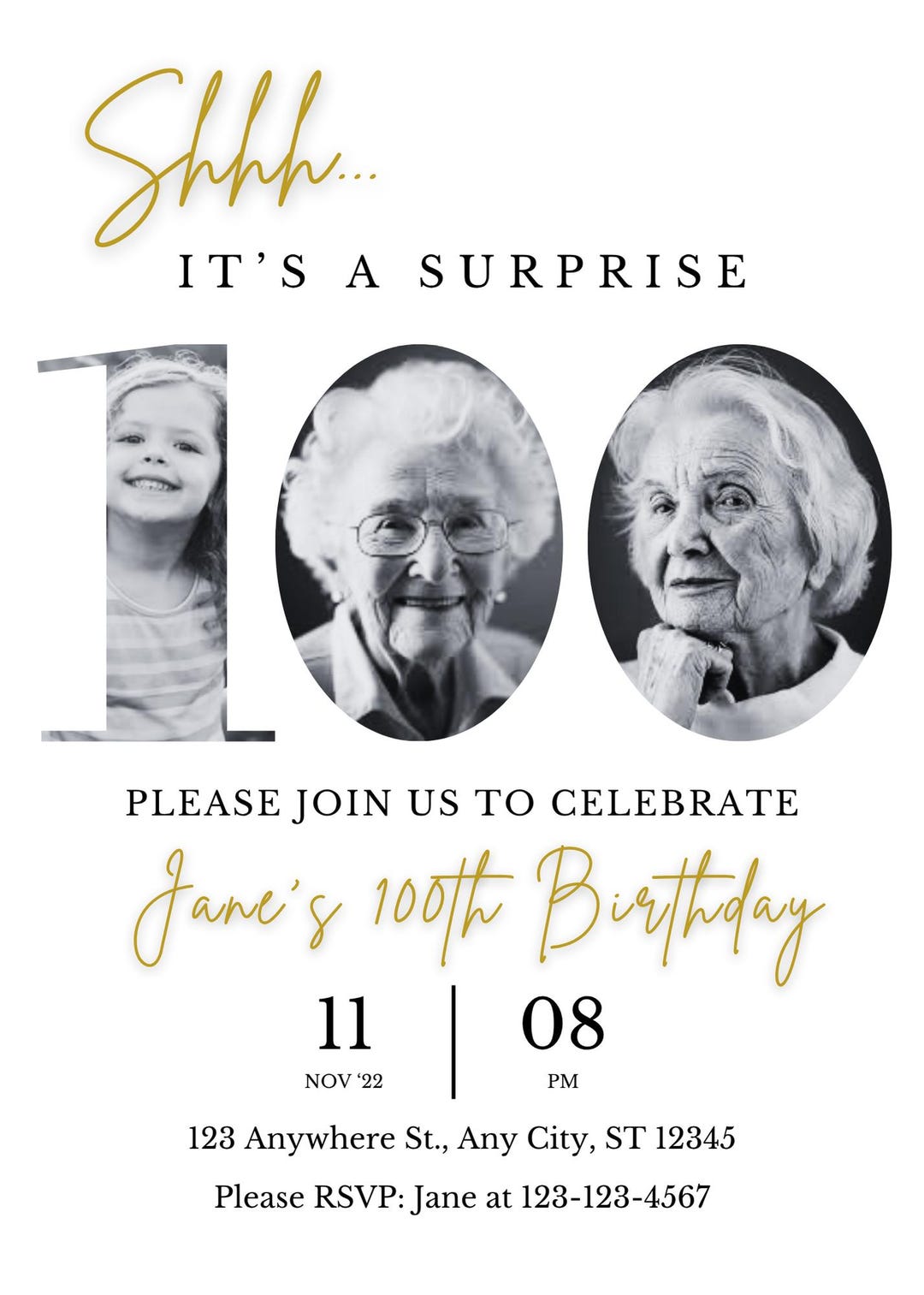 100th Birthday Invitation Template With Photo (digital Download) - Etsy