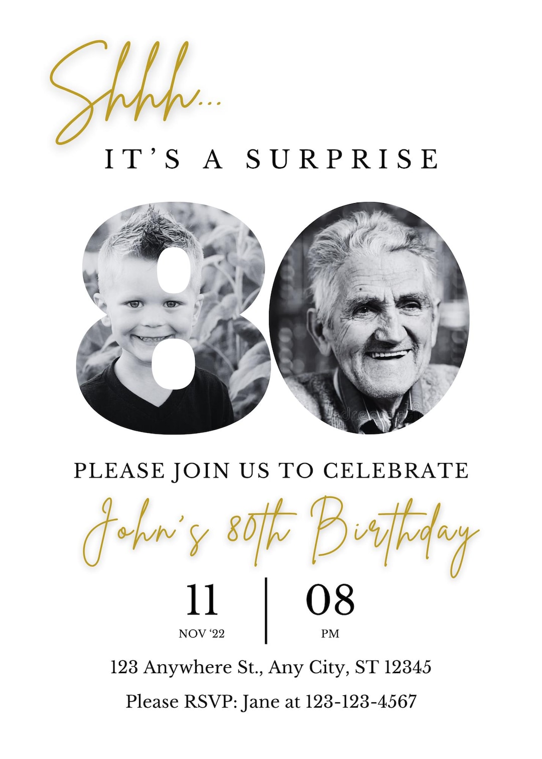 Men's 80th Birthday Invitation Template: Surprise Party Photo (editable ...