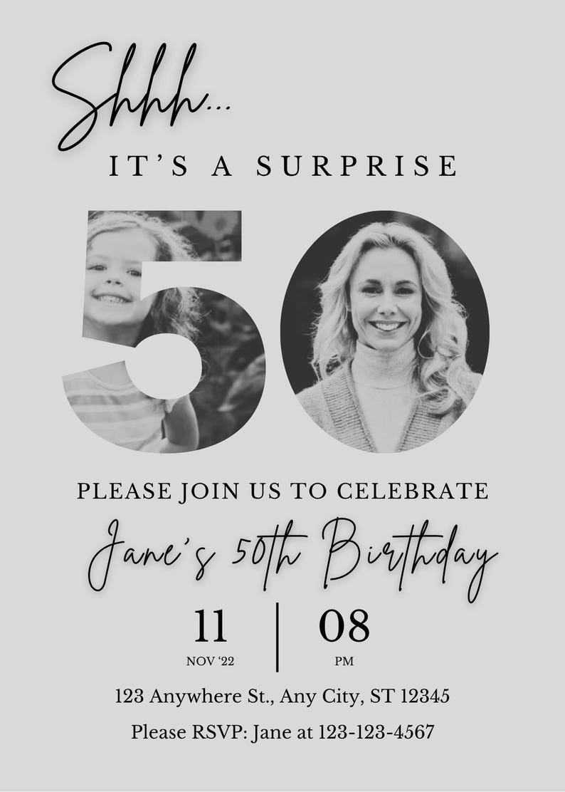 Women's 50th Birthday Invitation Template: Photo Surprise (digital ...