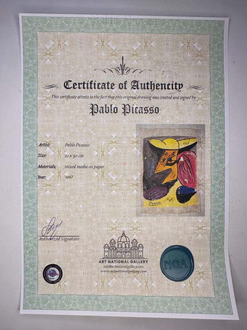 PABLO PICASSO Certificate COA Painting Drawing Handmade Old Vintage ...