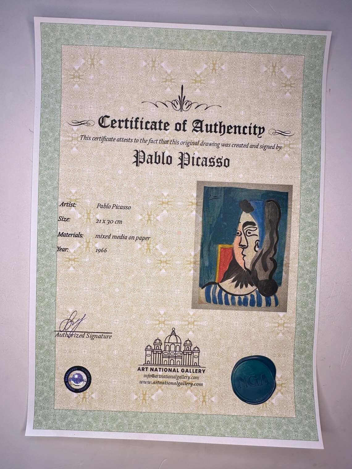 Pablo Picasso Certificate COA Painting Drawing Handmade Old Vintage ...