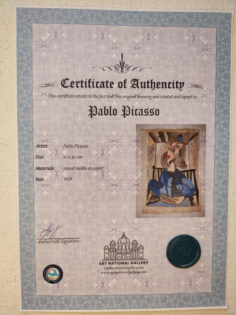 Pablo Picasso Certificate COA Painting Drawing Handmade Old Vintage ...