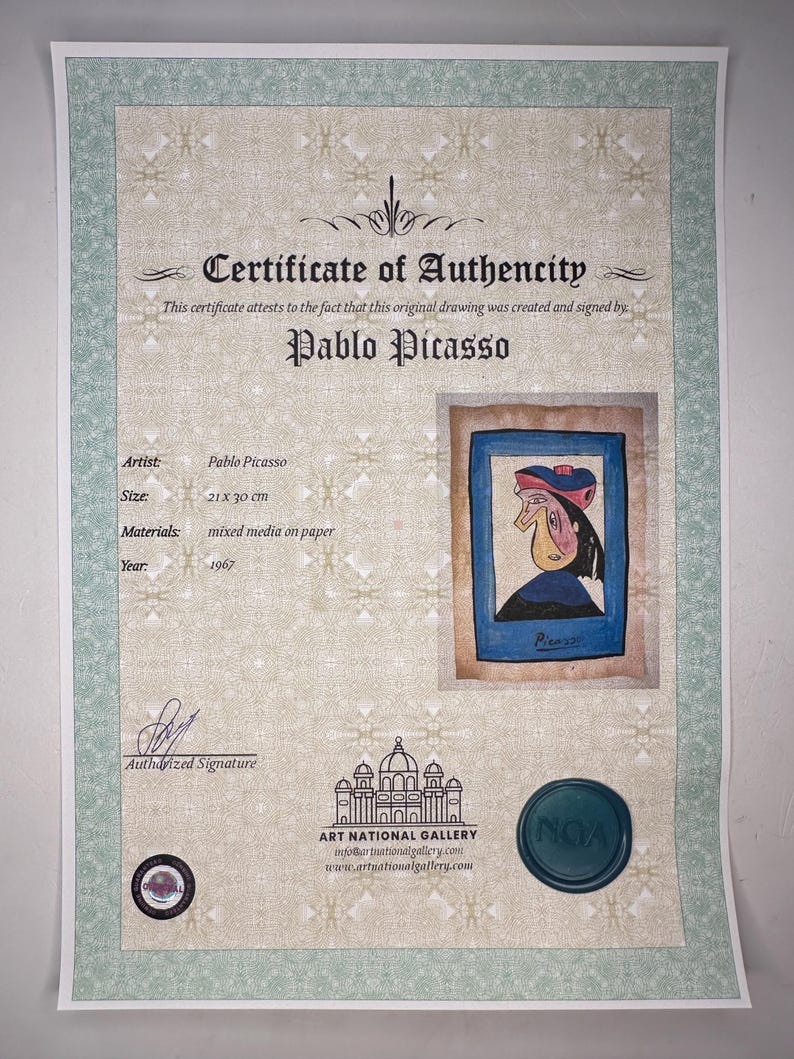 PABLO PICASSO Certificate COA Painting Drawing Handmade Old Vintage ...