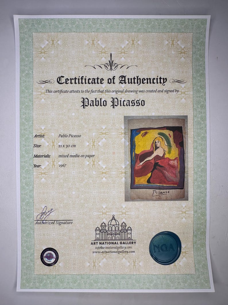 Pablo Picasso Certificate COA Painting Drawing Handmade Old Vintage ...