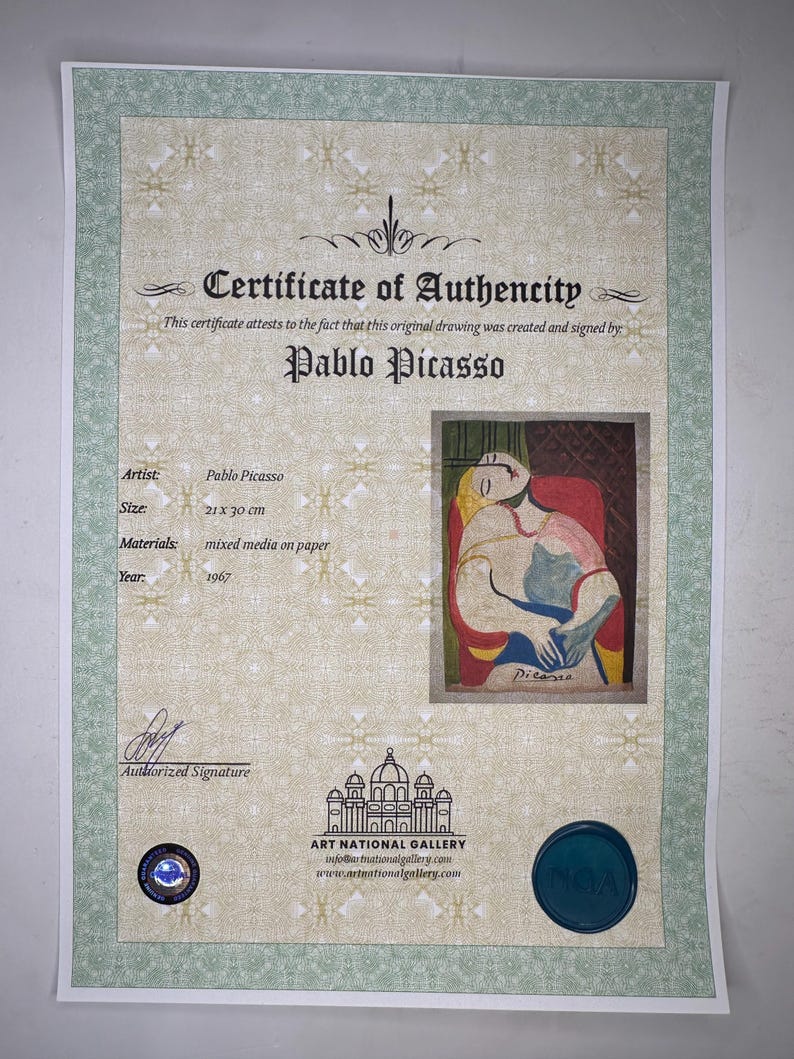 Pablo Picasso Certificate COA Painting Drawing Handmade Old Vintage ...