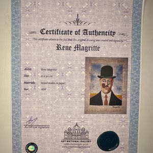 Rene Magritte Certificate COA Painting Drawing Handmade Old Vintage ...