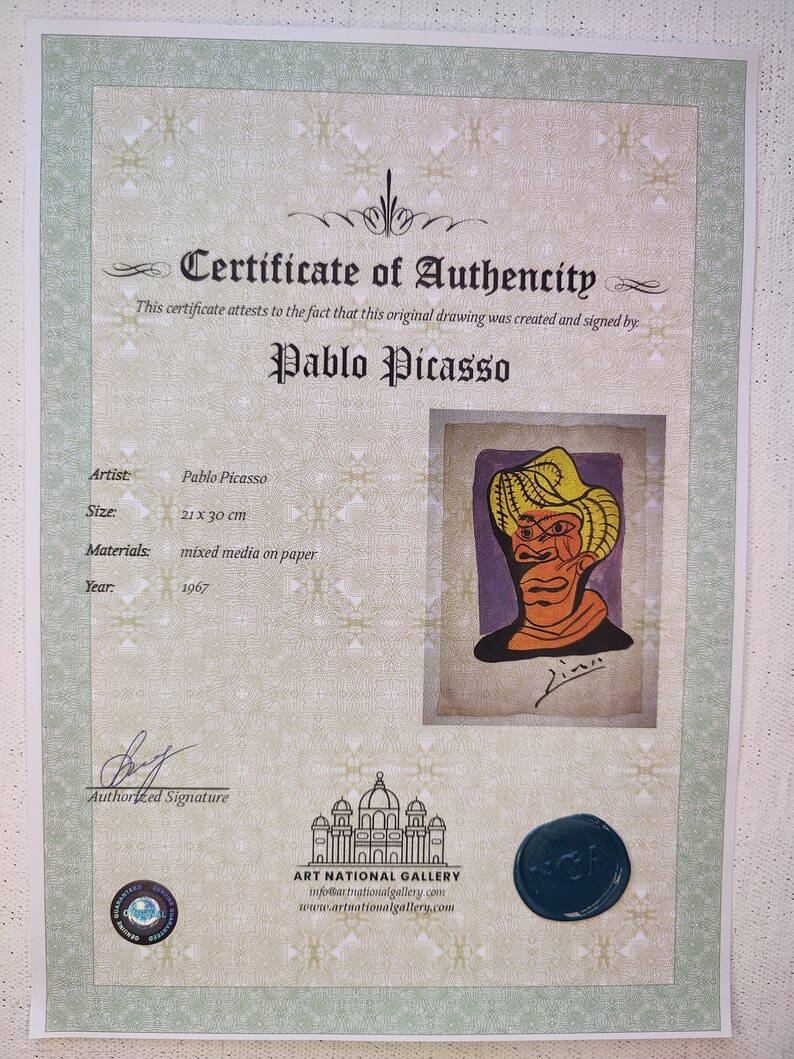 Pablo Picasso Certificate COA Painting Drawing Handmade Old Vintage ...