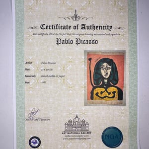Pablo Picasso Certificate COA Painting Drawing Handmade Old Vintage ...