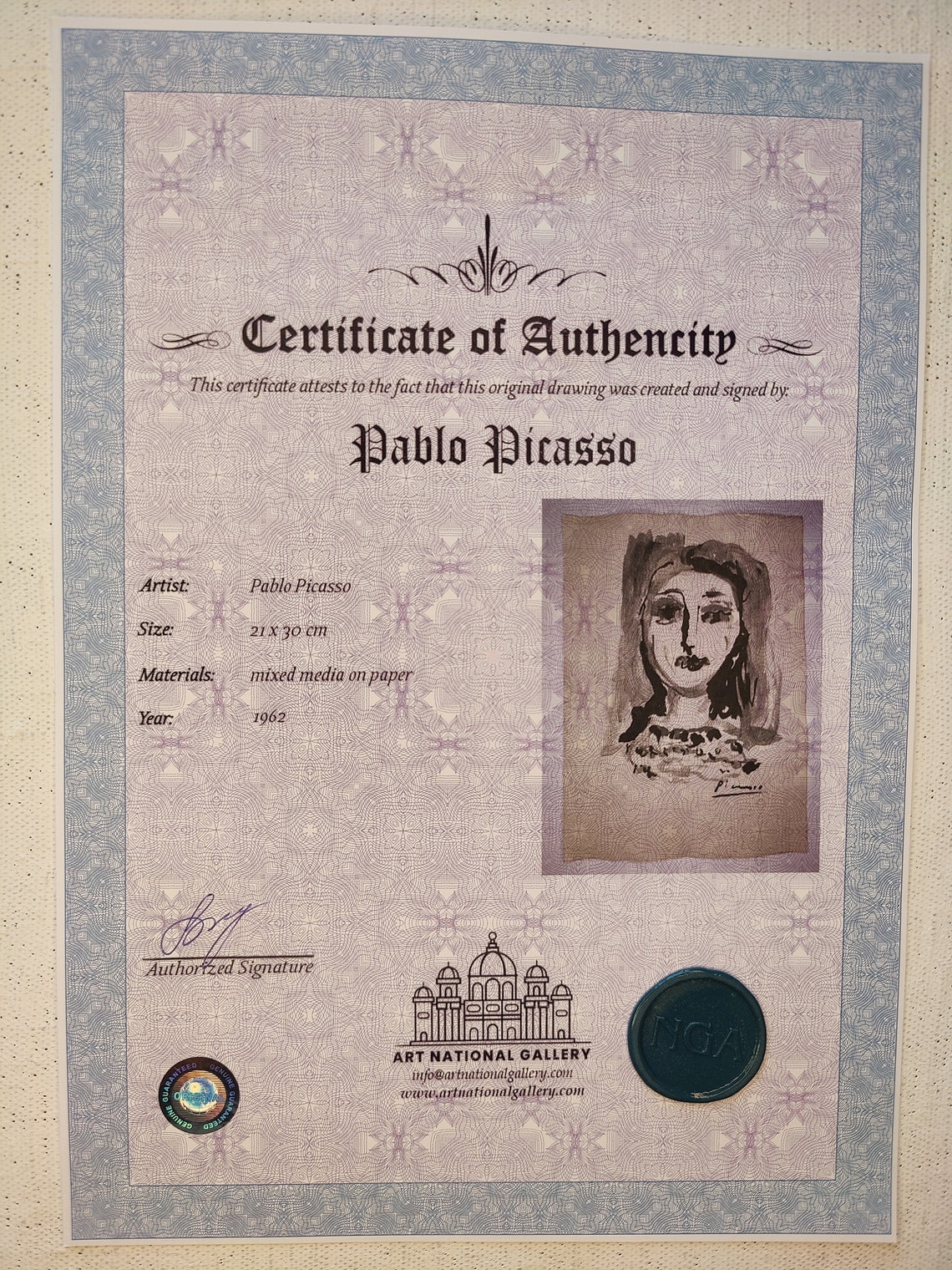 Pablo Picasso Certificate COA Painting Drawing Handmade Old Vintage ...