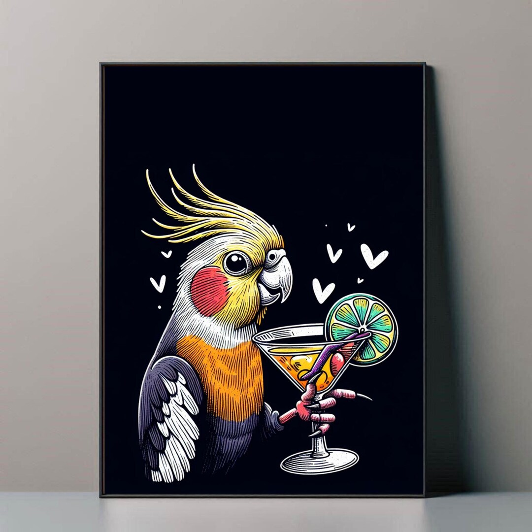 Colourful Cockatiel Wall Art, Drinking Cocktail, Bird Lover Gift ...