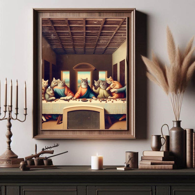 The Last Supper Wall Art,gallery Wall Art,cat Painting Poster,funny Cat ...
