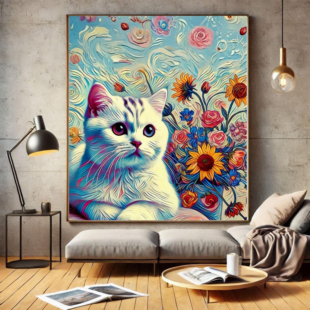 Scottish White Cat Pop Art Print Like Van Gogh Picture,soft Colors, Pop ...
