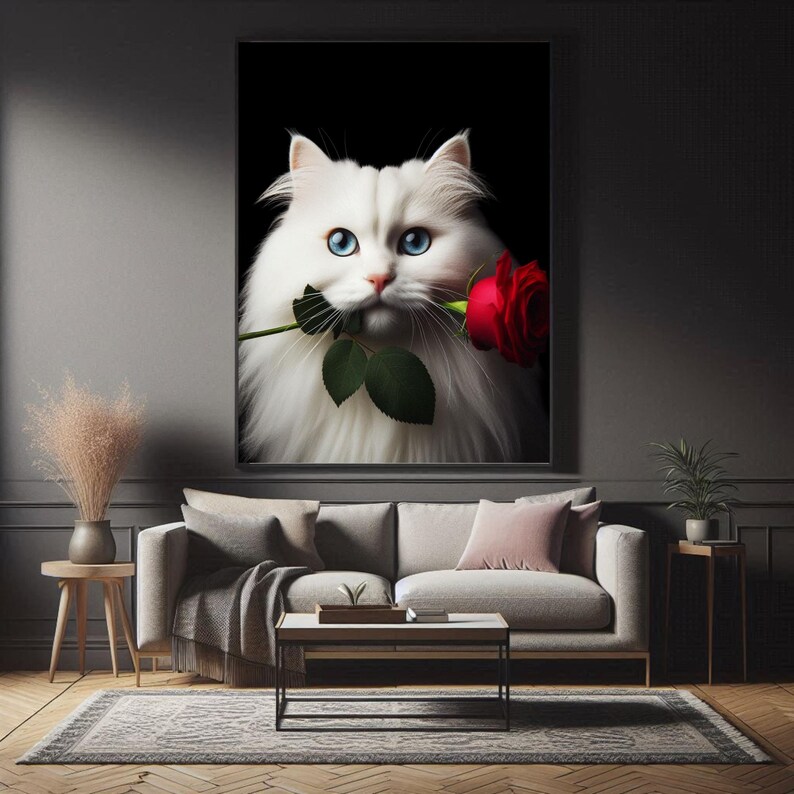 Romantic Cat With Rose, Valentine Cat, Cat Lover Decor Gift, Valentine ...