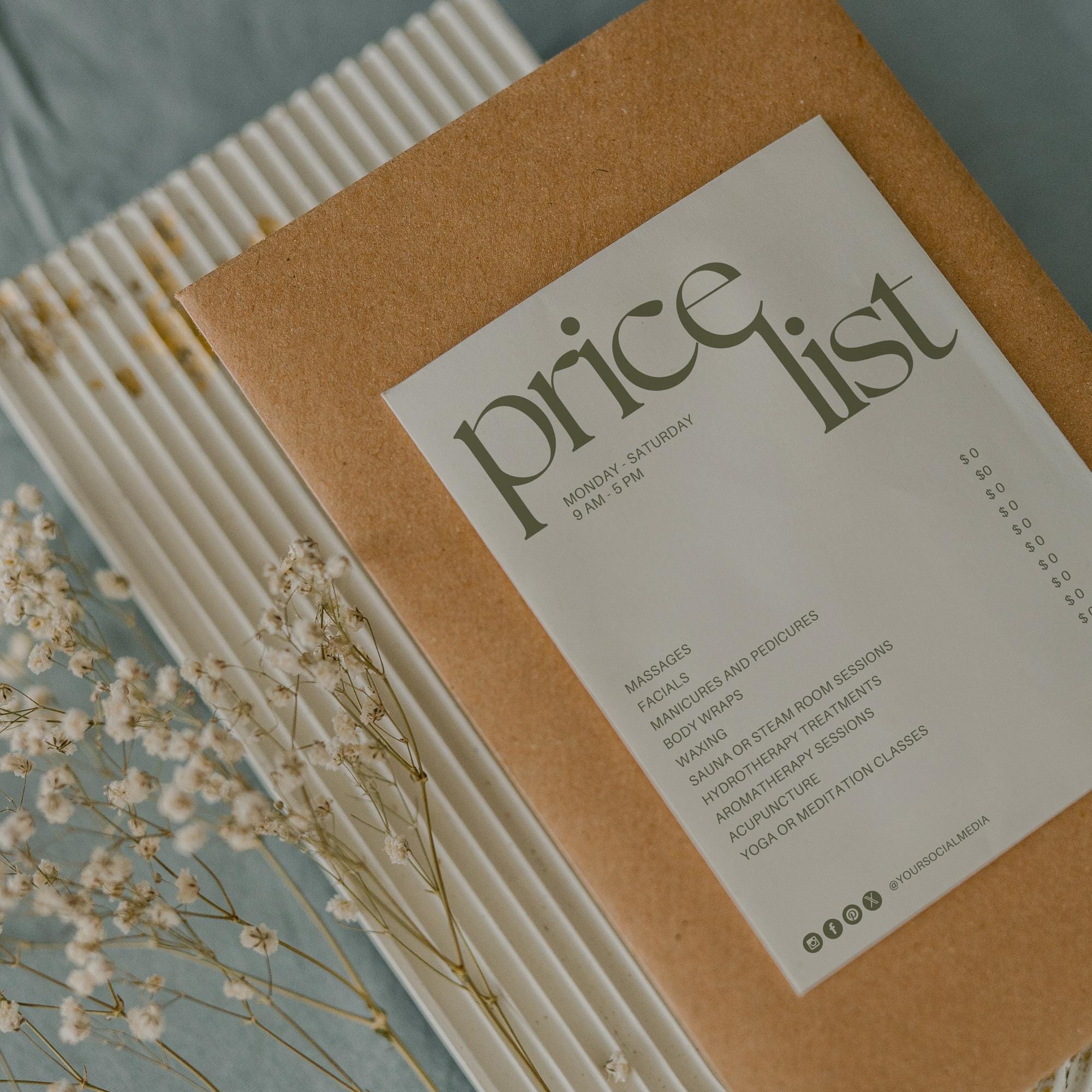 Customizable Minimalist Price List Template, Instant Download ...