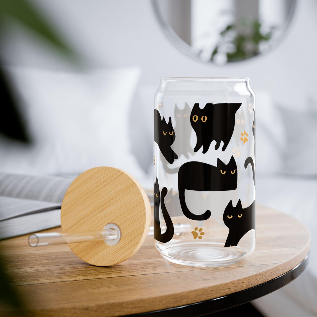 16oz Clear Glass With Black Cats Cute Cat Lover Sipper Glass With ...