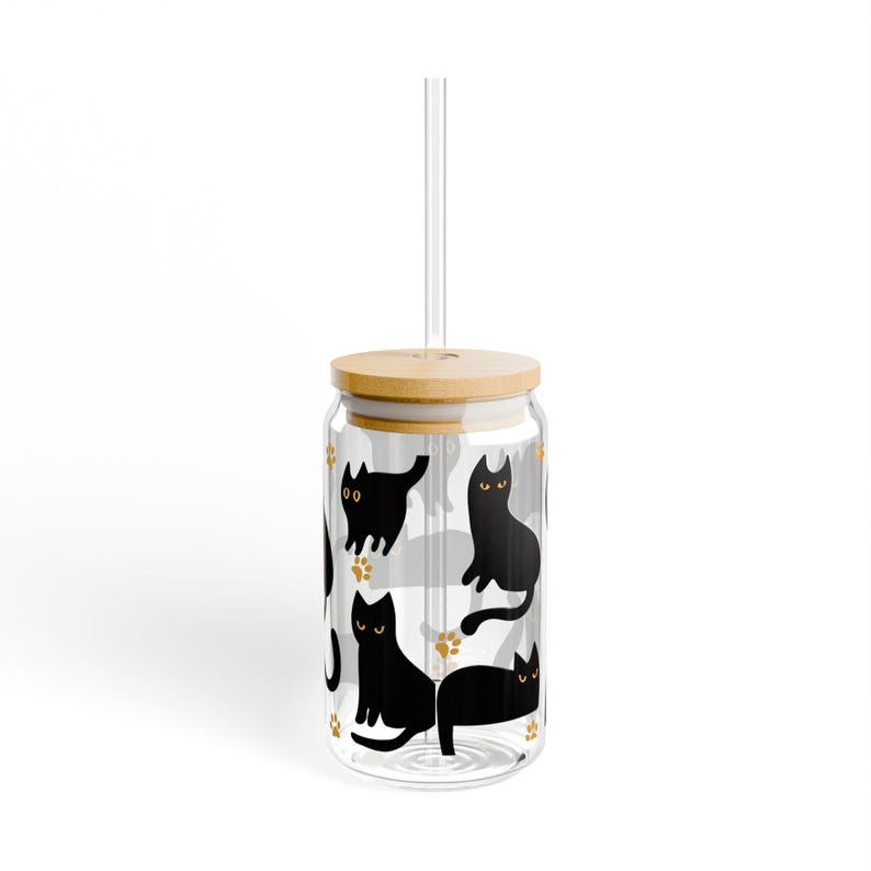 16oz Clear Glass With Black Cats Cute Cat Lover Sipper Glass With ...