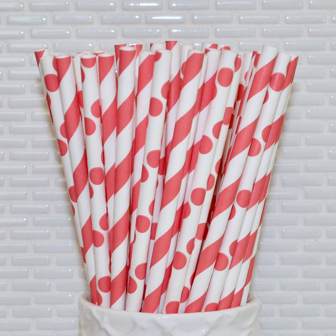 Coral Striped Paper Straw & Coral Polka Dot Paper Straw (qty 24-25 ...