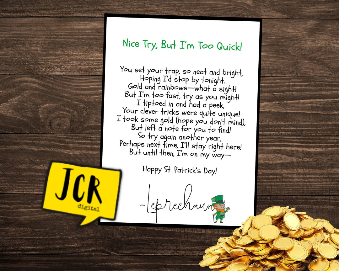 Leprechaun Trap Poem Printable – 5x7” St. Patrick’s Day Note, Fun ...
