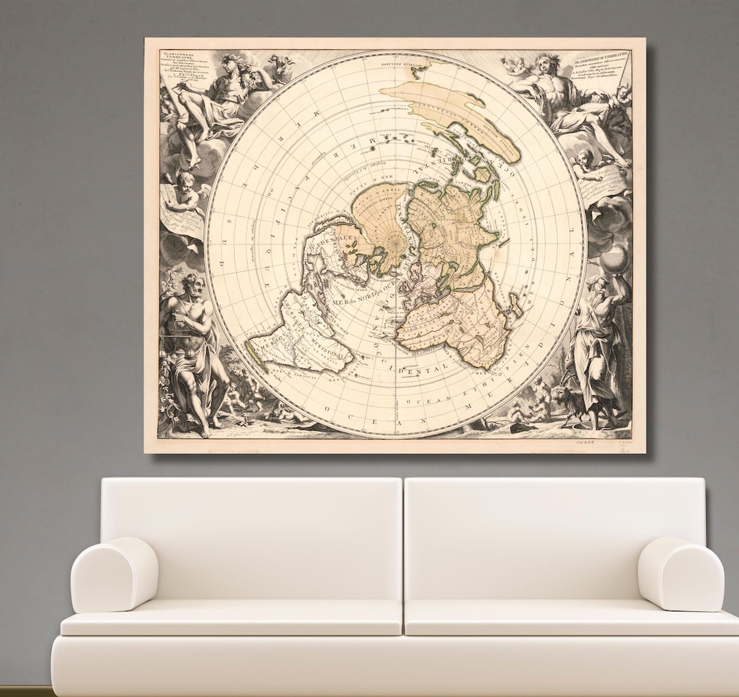 Flat Earth Map Print, Antique Planisphere Terrestre Vintage Flat Earth ...