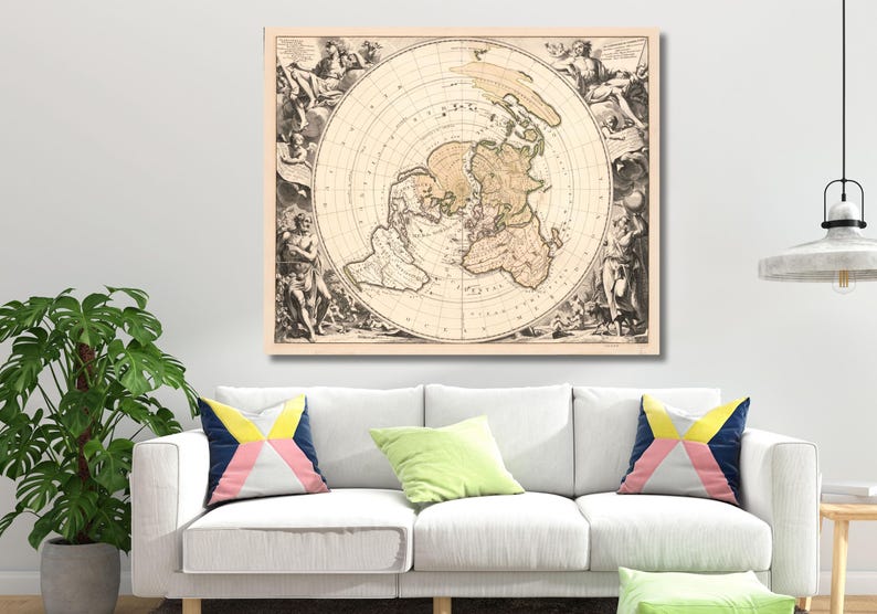 Flat Earth Map Print, Antique Planisphere Terrestre Vintage Flat Earth ...