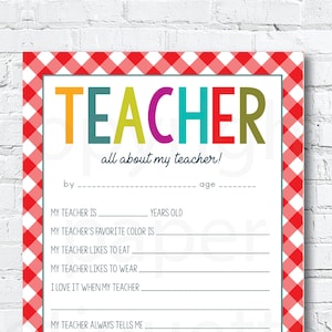 All About My Teacher Printable, Teacher Appreciation Week, End of Year ...