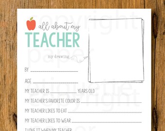 All About My Teacher Printable, Teacher Appreciation Week, End of Year ...