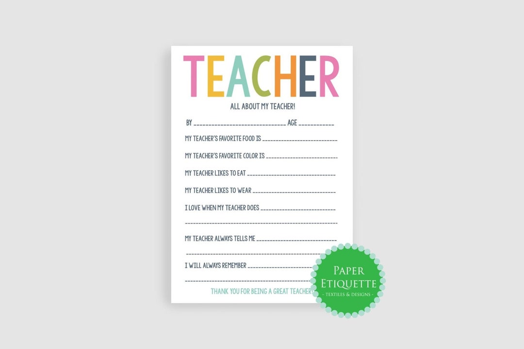 All About My Teacher Printable | Teacher Appreciation Week Gift ...