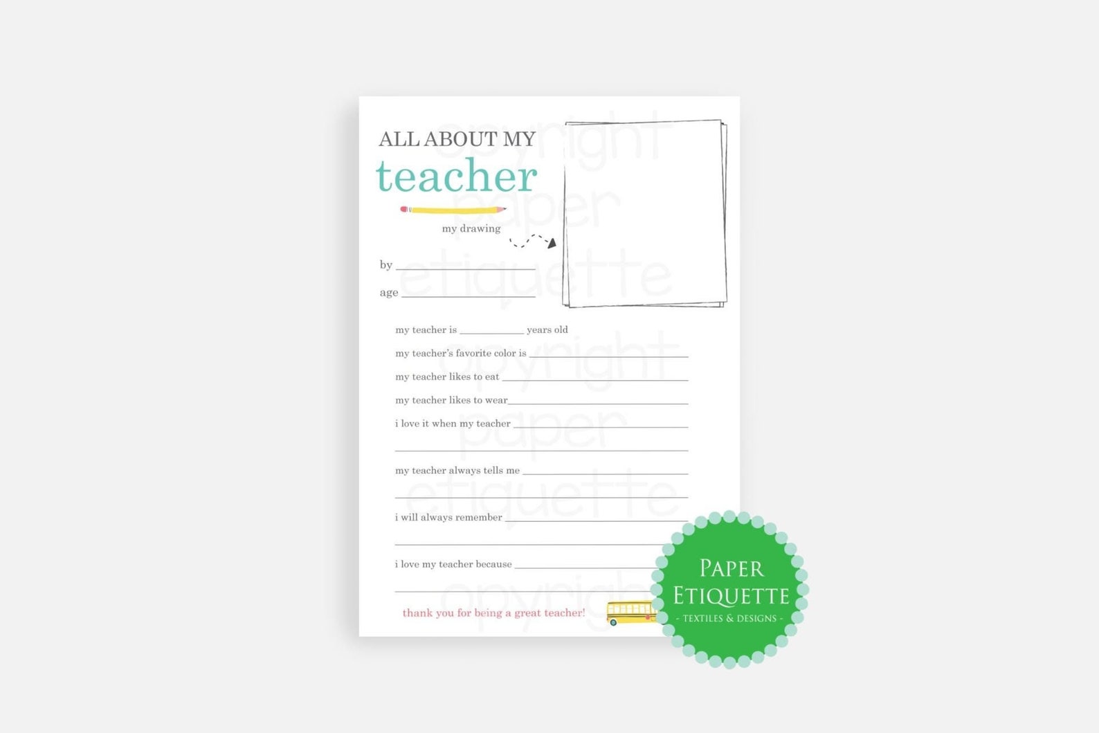 All About My Teacher Printable, Teacher Appreciation Week, End of Year ...