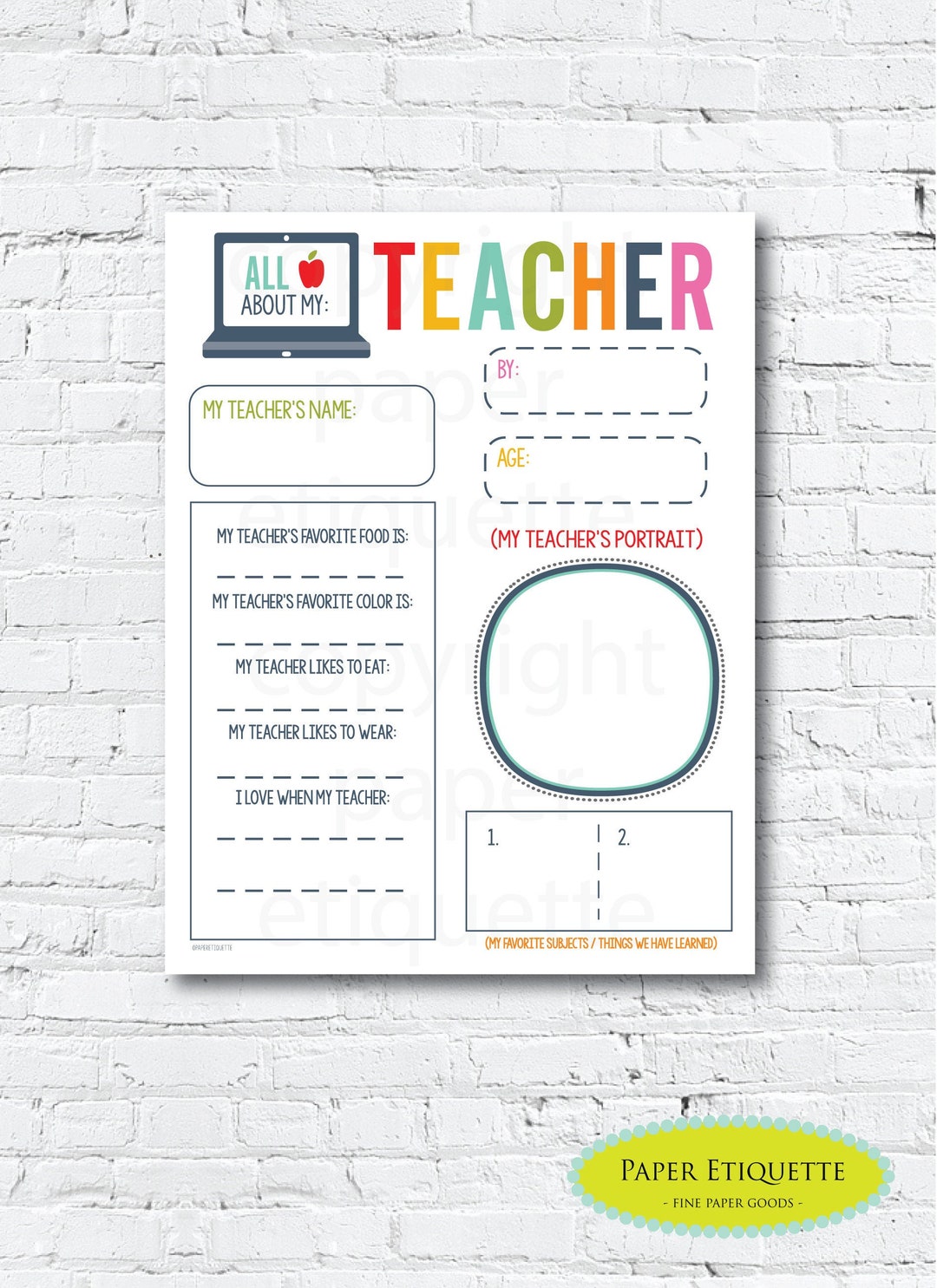 All About My Teacher Printable, Teacher Appreciation Week, End of Year ...