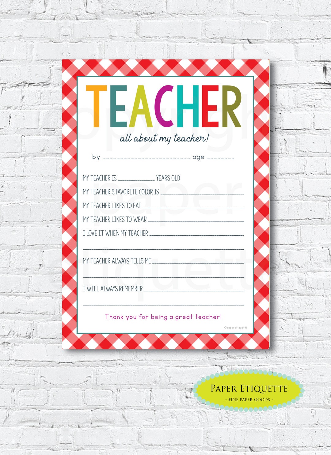 All About My Teacher Printable, Teacher Appreciation Week, End of Year ...