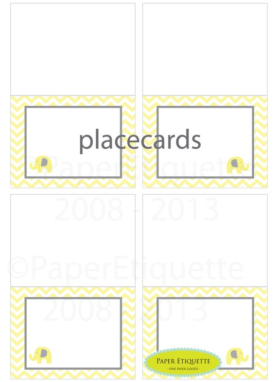 INSTANT UPLOAD Yellow and Gray Chevron Elephant Place Cards | Etsy