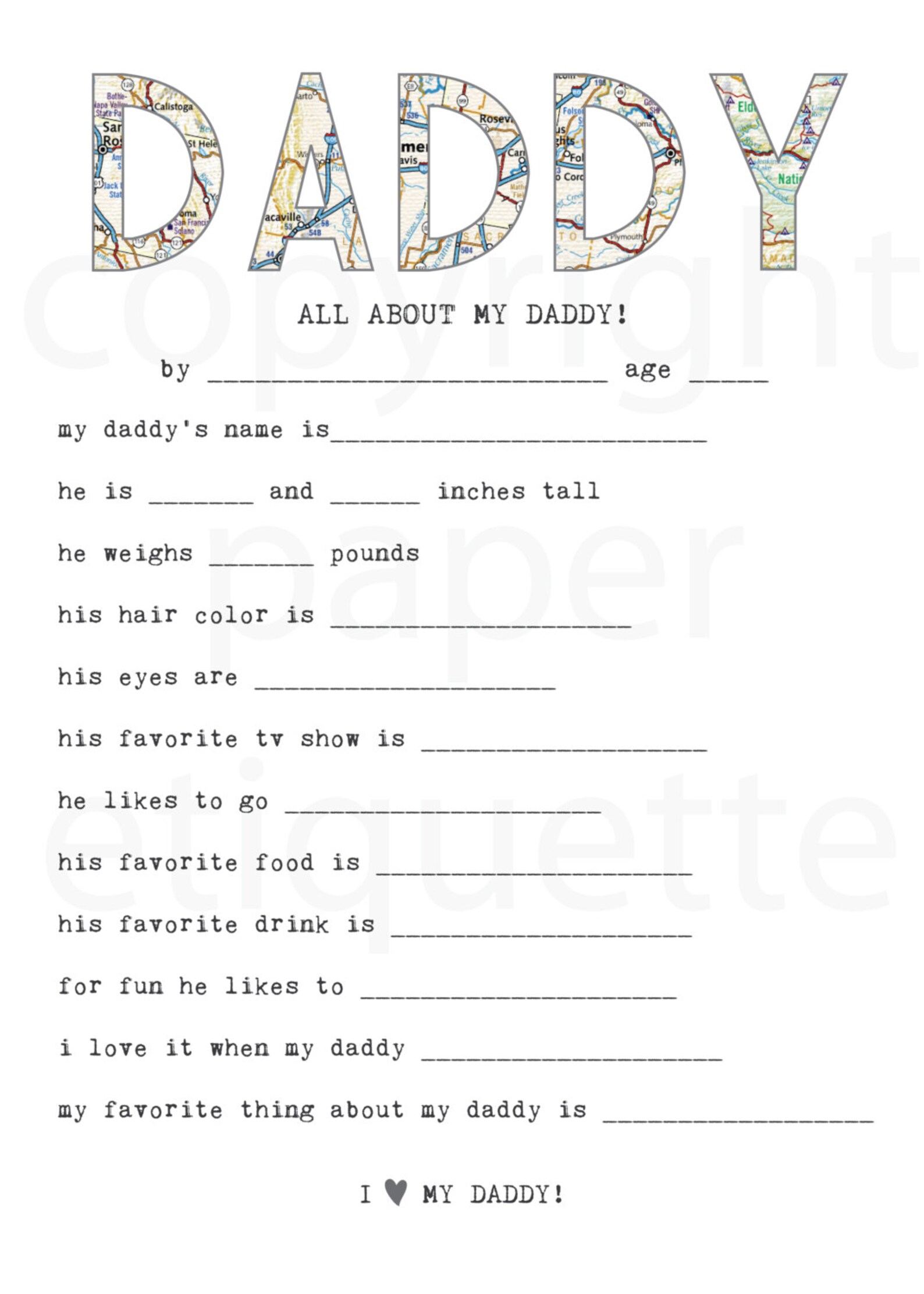 All About My Daddy Printable Father's Day Gift Dad Fill - Etsy