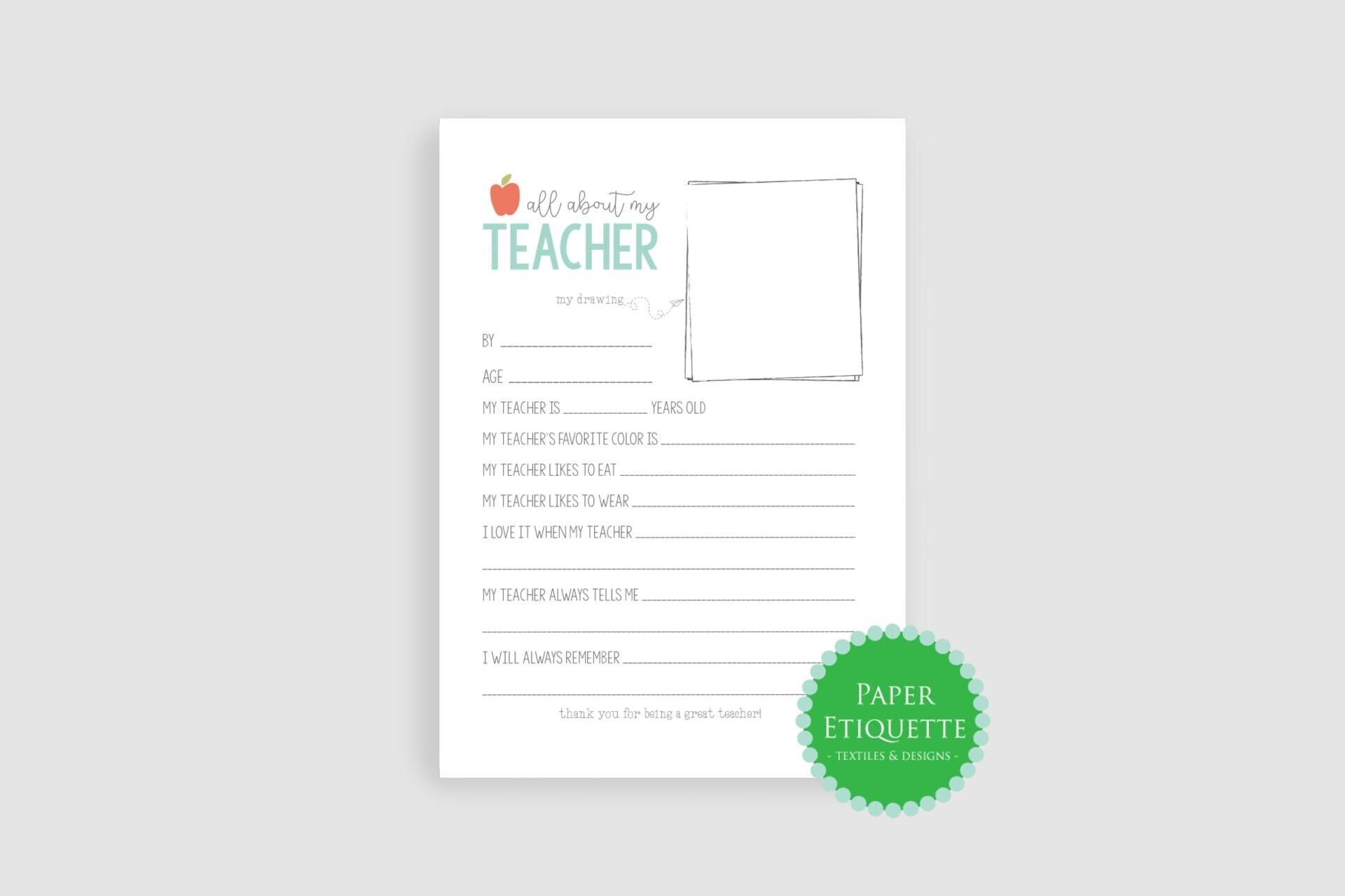 All About My Teacher Printable | Teacher Appreciation Gift | End of ...