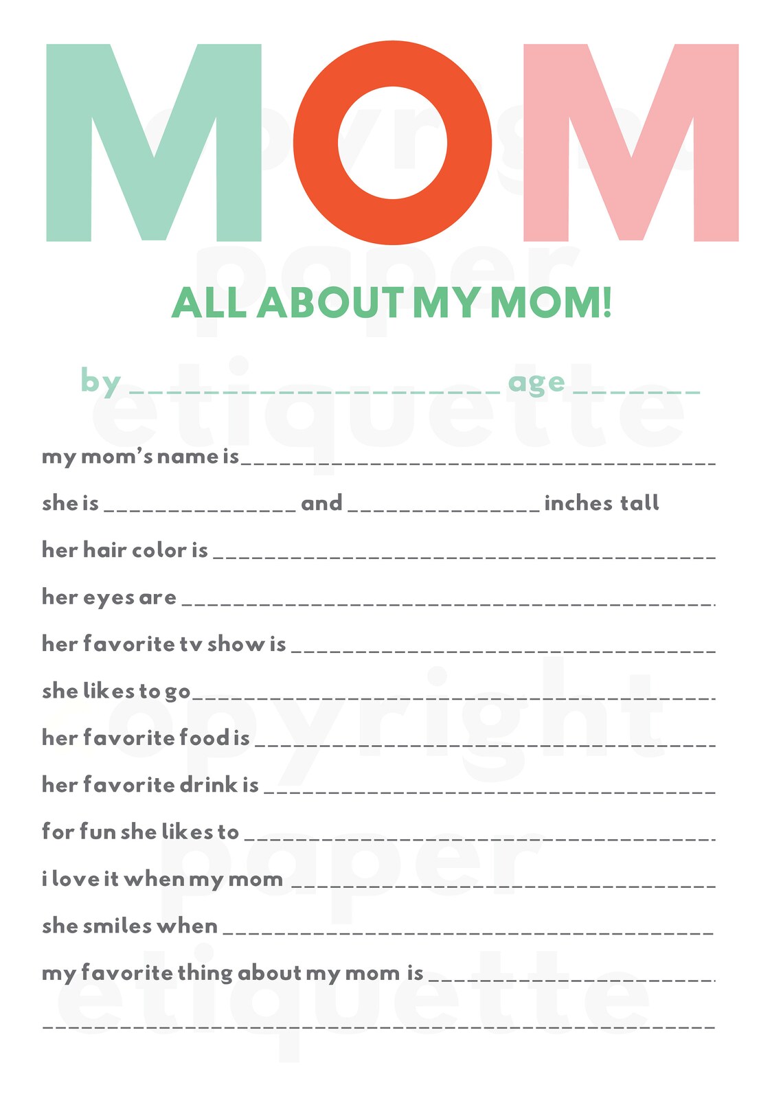 All About My Mom Printable Mother's Day Gift Mom Fill - Etsy
