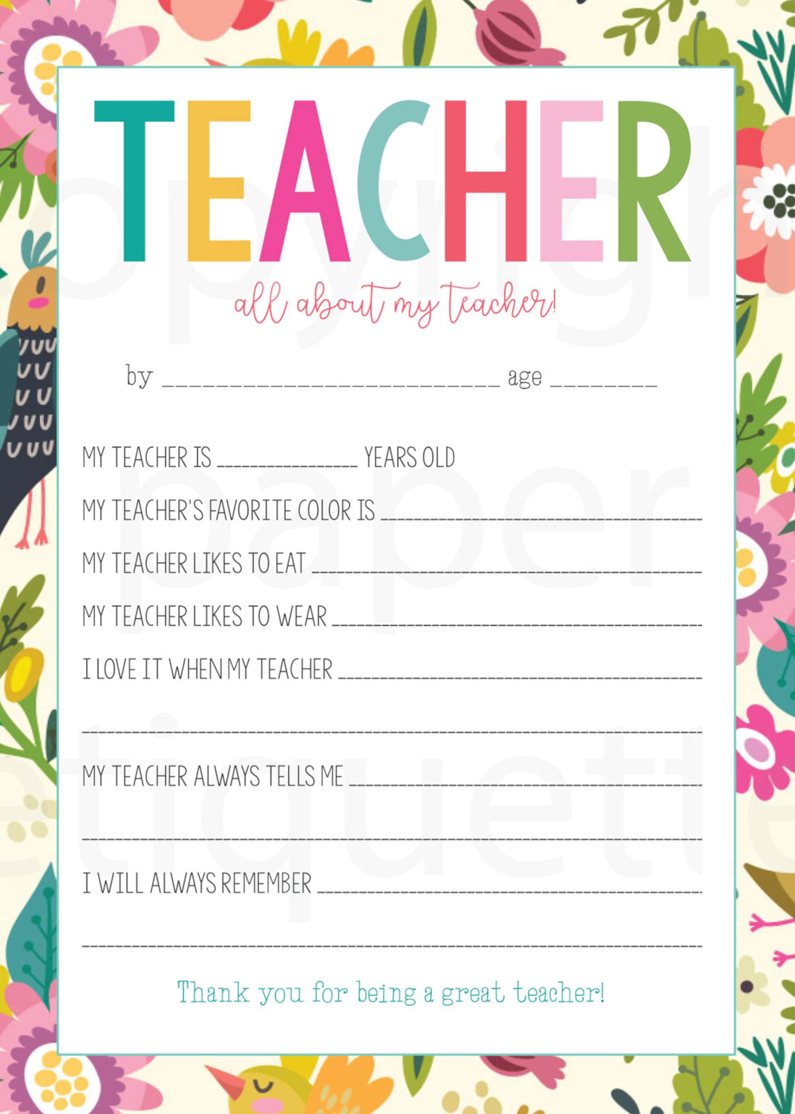 All About My Teacher Fill In Teacher Appreciation Printable | Etsy