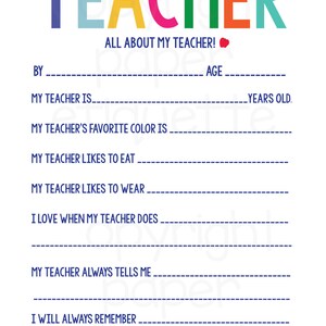 All About My Teacher Printable: Teacher Appreciation Week Gift, End of ...