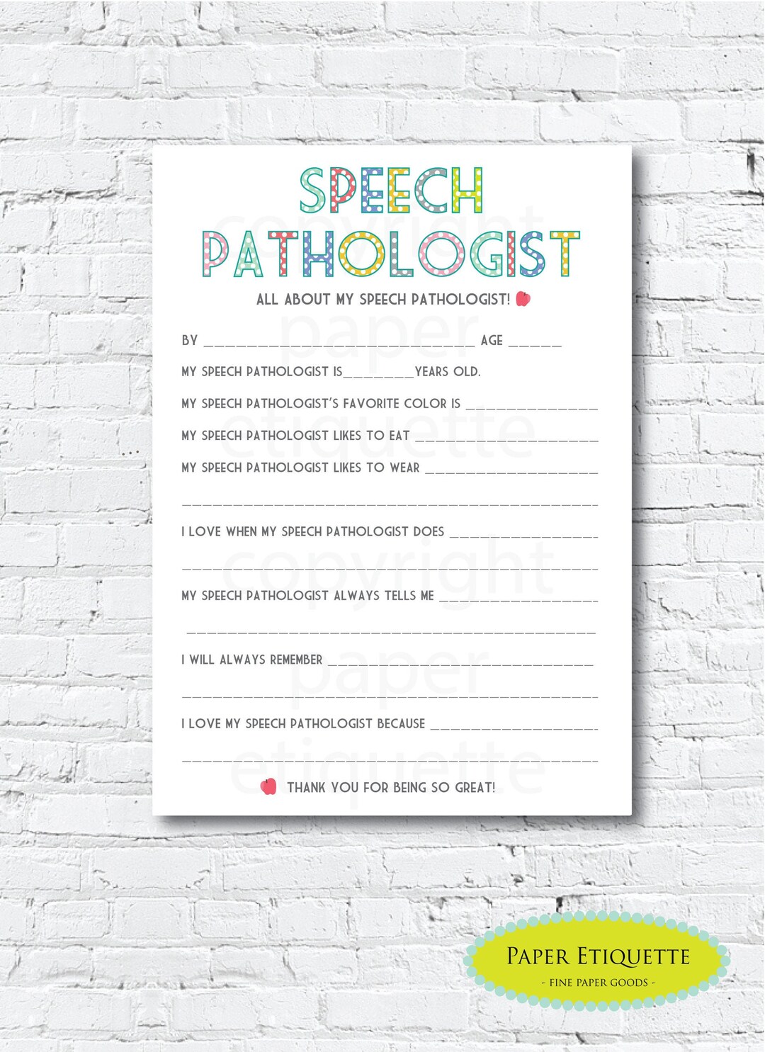 All About My Teacher Digital Gift: Speech Teacher Appreciation Card ...