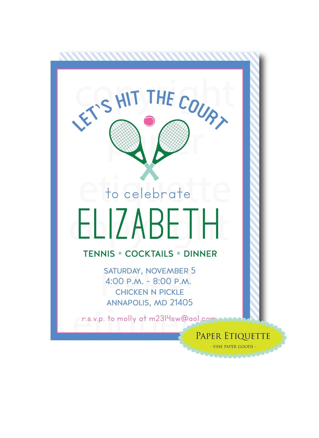 Tennis Invitation - Preppy Tennis Invite,tennis Birthday Party,tennis ...