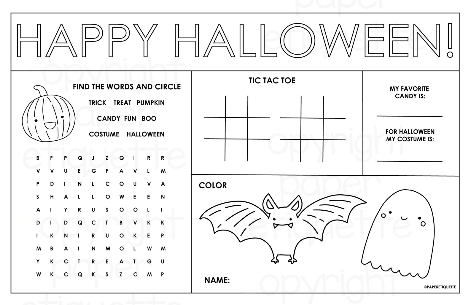 Printable Children's Halloween Placemat Kid's - Etsy