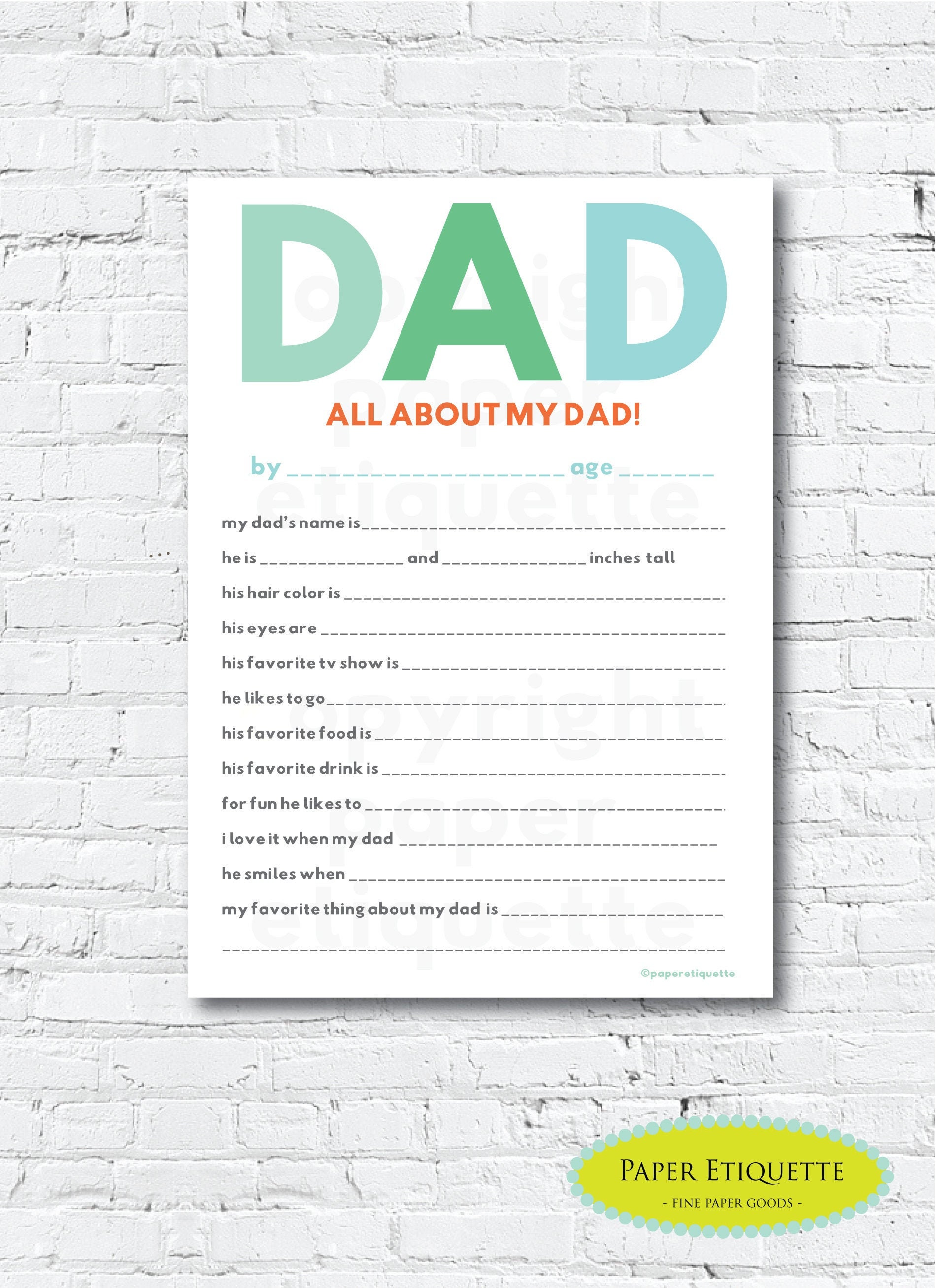 Father's Day Printable All About My Dad Father's Day - Etsy Canada