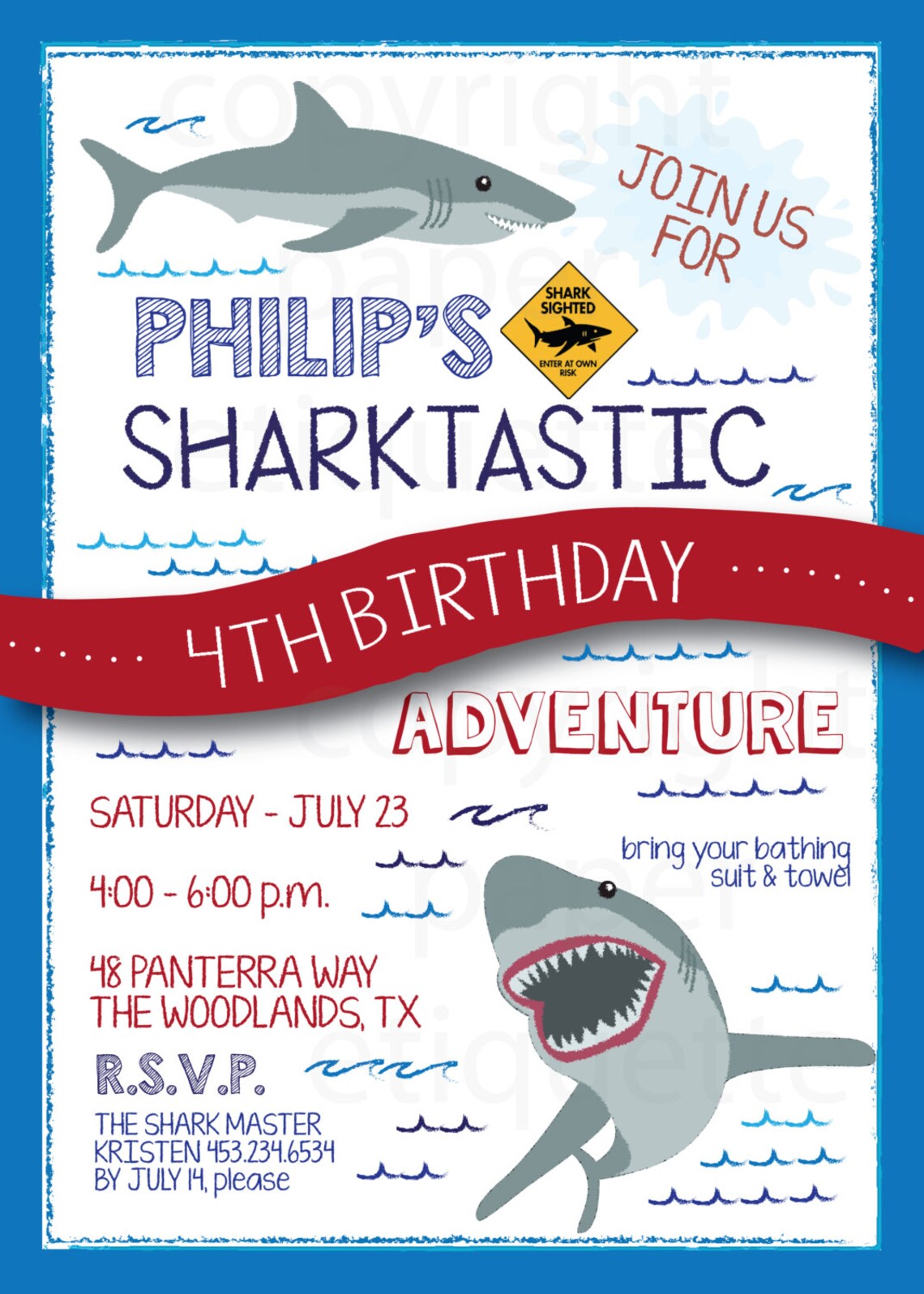 Shark Party Birthday Invitation Boy Shark Birthday Invite - Etsy