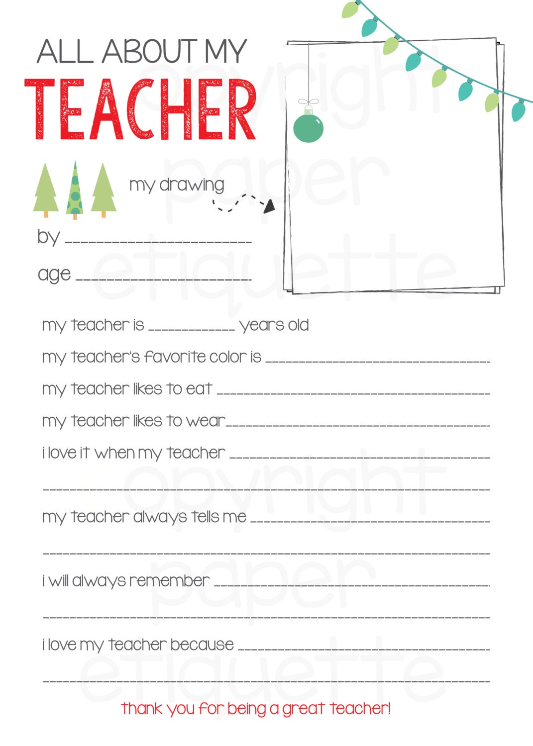 All About My Teacher Teacher Appreciation /end of Year | Etsy