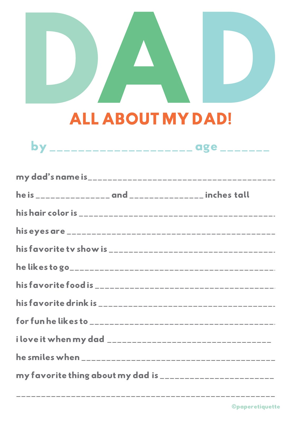 Father's Day Printable - All About My Dad Questionnaire, Perfect Father ...
