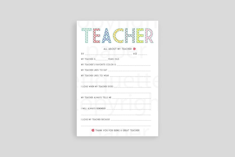 All About My Teacher Printable: Teacher Appreciation Gift, End of ...