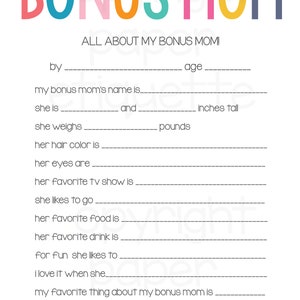 All About My Bonus Mom - Step Mother's Day Gift - 5 X 7 Fill in - Bonus ...