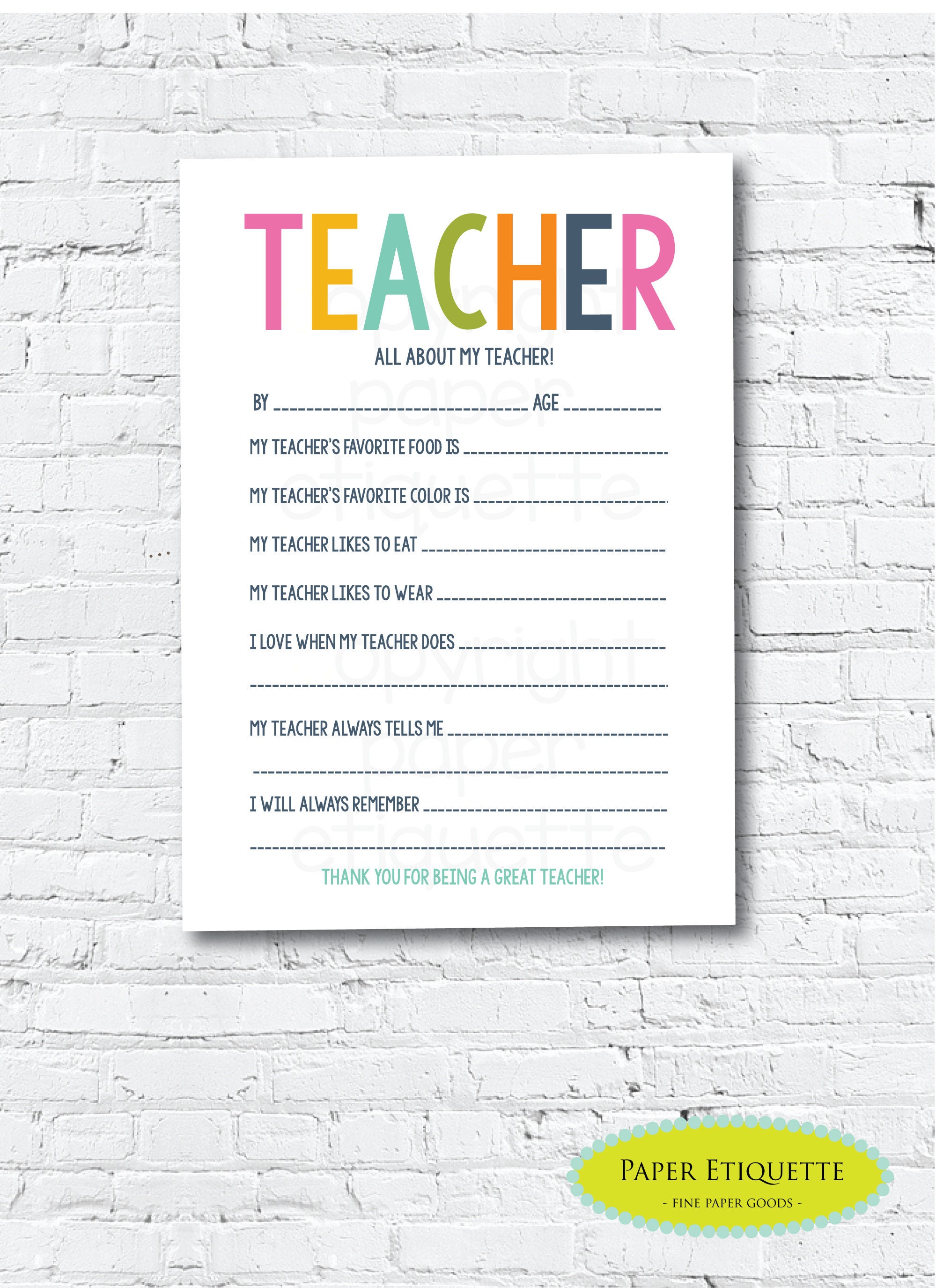 All About My Teacher Printable Teacher Appreciation Week End | Etsy