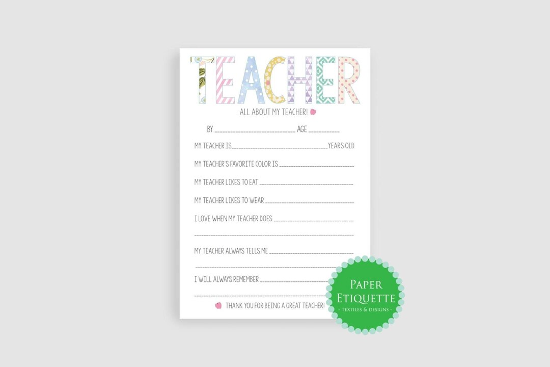 Best Teacher Card - All About My Teacher Appreciation Gift, End of Year ...