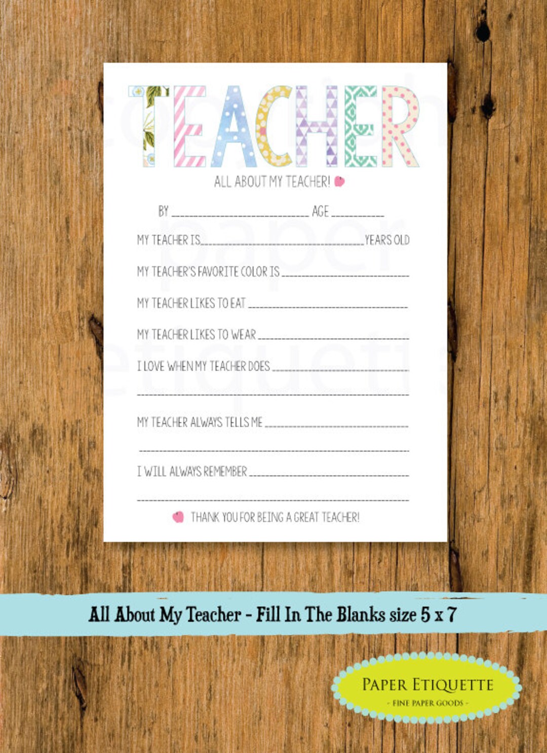 Best Teacher Card All About My Teacher Teacher Appreciation /end of ...