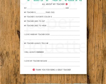 All About My Teacher Printable, Teacher Appreciation Week, End of Year ...